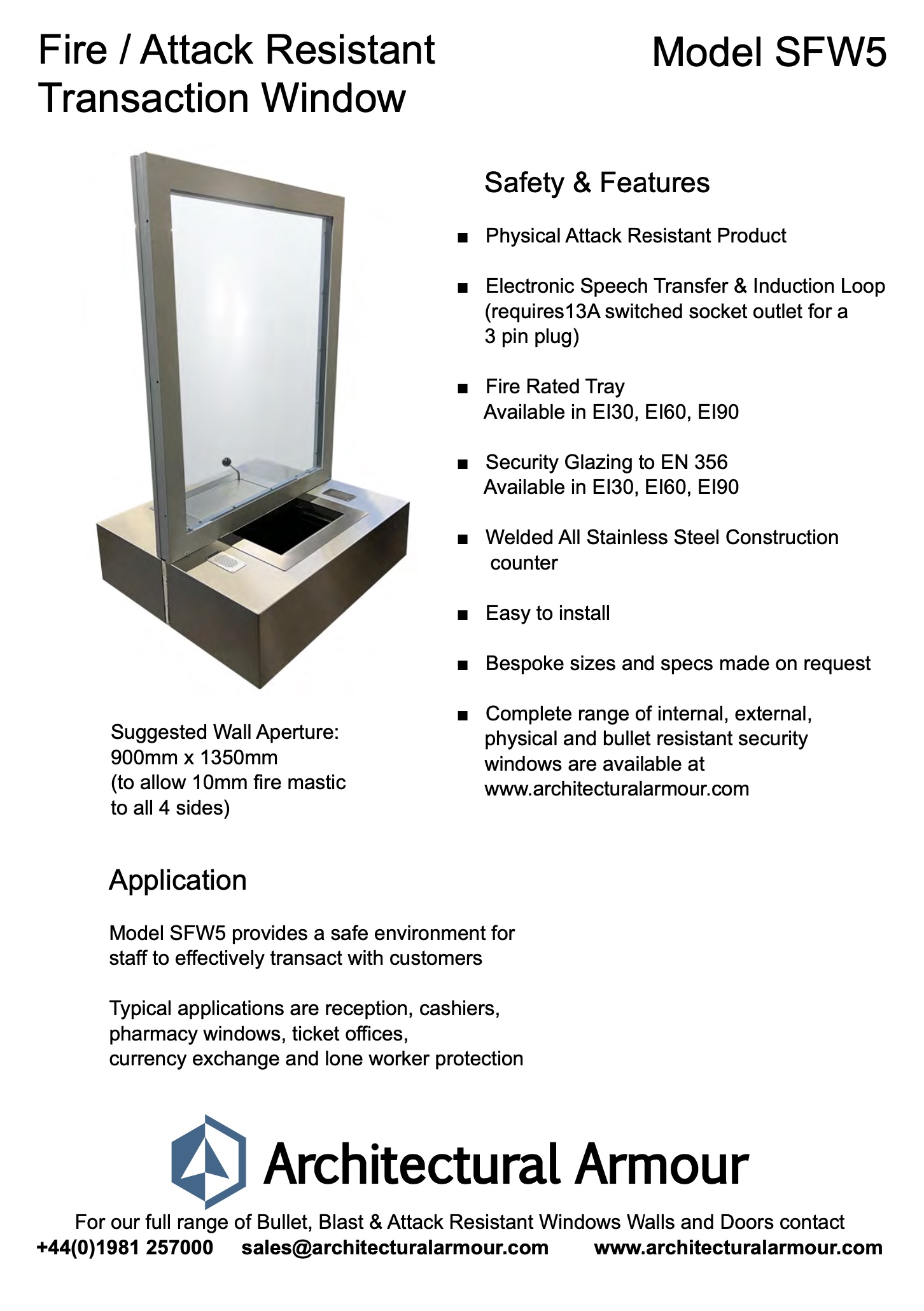 Architectural Armour | SFW5 Fire Rated Transaction Window